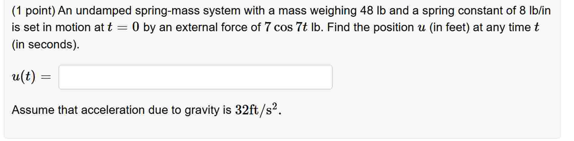 Solved (1 ﻿point) An ﻿undamped spring-mass system with a | Chegg.com