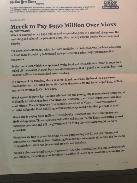 Solved 1. What laws were broken by Merck/Vioxx?2. What | Chegg.com