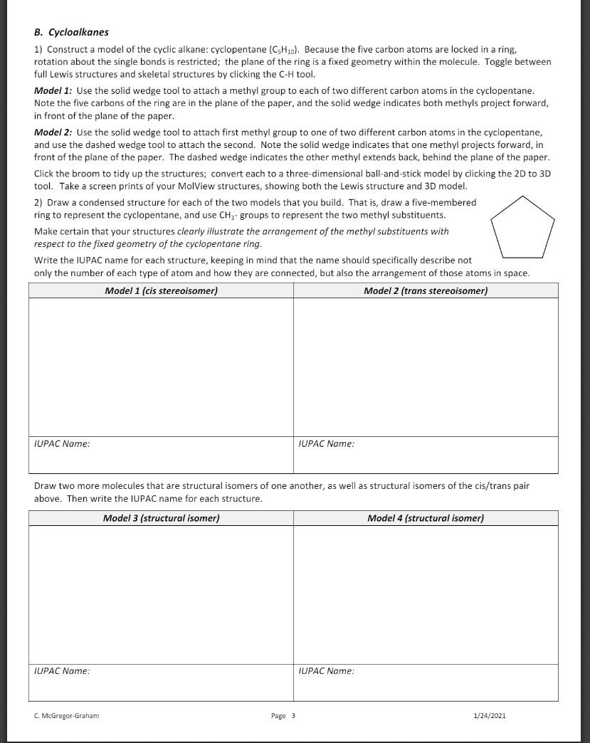 Solved B. Cycloalkanes 1) Construct a model of the cyclic | Chegg.com