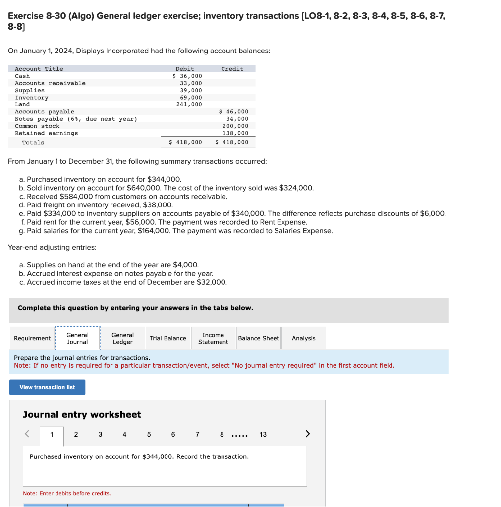 Solved Exercise 8-30 (Algo) General ledger exercise; | Chegg.com