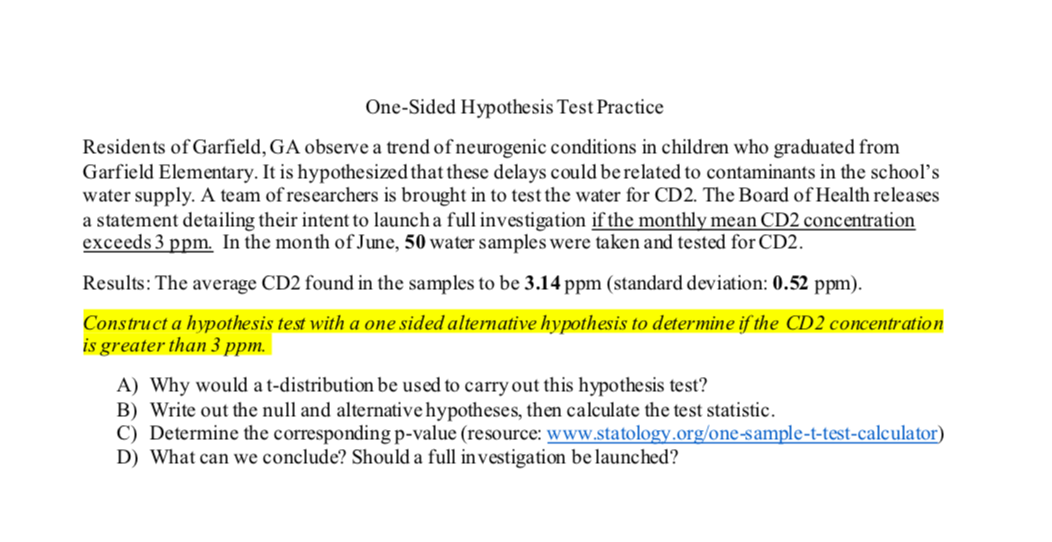 Solved One-Sided Hypothesis Test Practice Residents of | Chegg.com