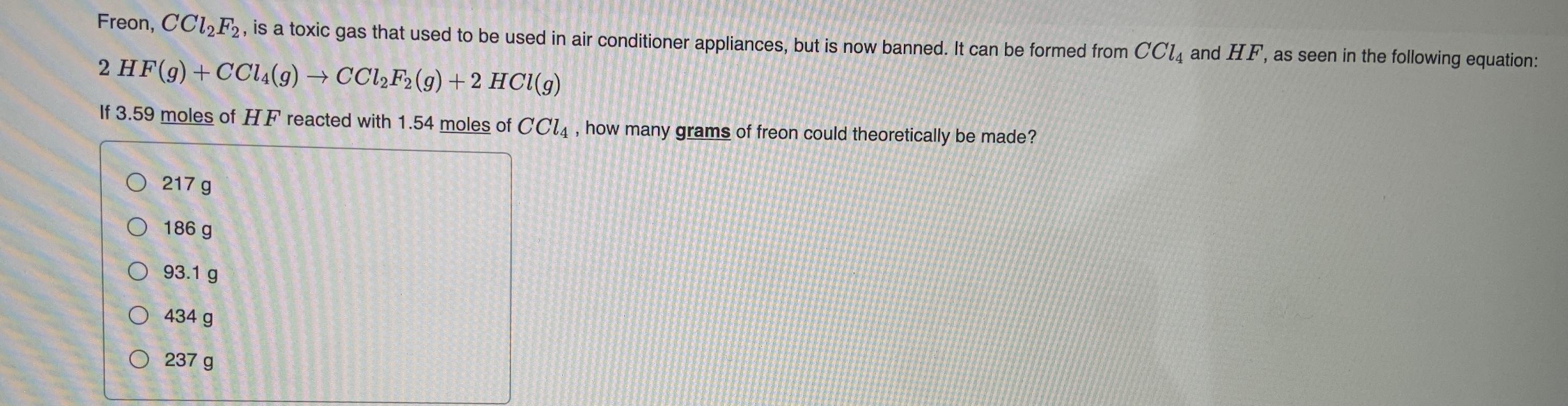 Solved Freon, CCl2F2, is a toxic gas that used to be used in | Chegg.com