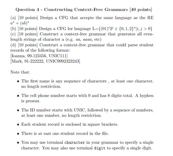 Solved Question 4 - Constructing Context-Free Grammars (40 | Chegg.com