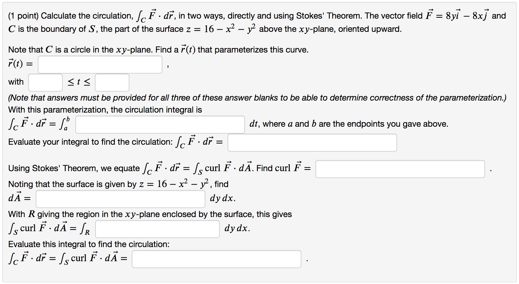 Solved (1 point) Calculate the circulation, ∫CF⋅dr, in two | Chegg.com