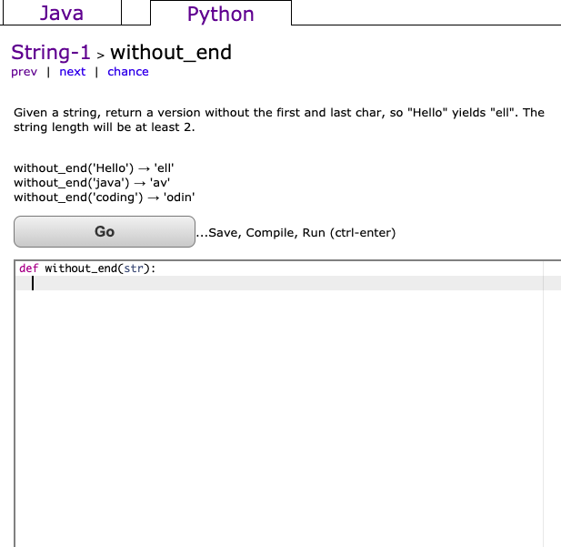 Solved Java Python String-1 > without_end prev next chance | Chegg.com