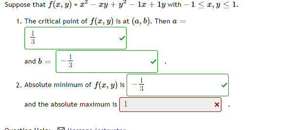 Solved = Suppose that f(x, y) = x2 - xy + y² – 1x + ly with | Chegg.com