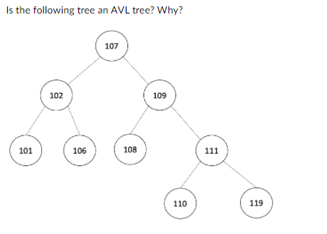 Solved Is the following tree an AVL tree? Why? 107 102 109 | Chegg.com