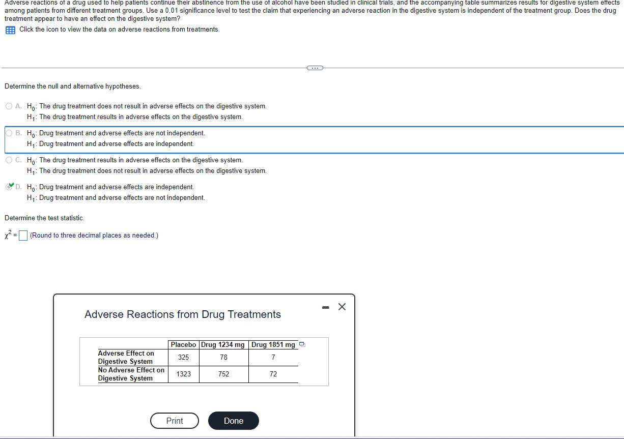 Solved D. H0 ﻿: Drug treatment and adverse effects are | Chegg.com