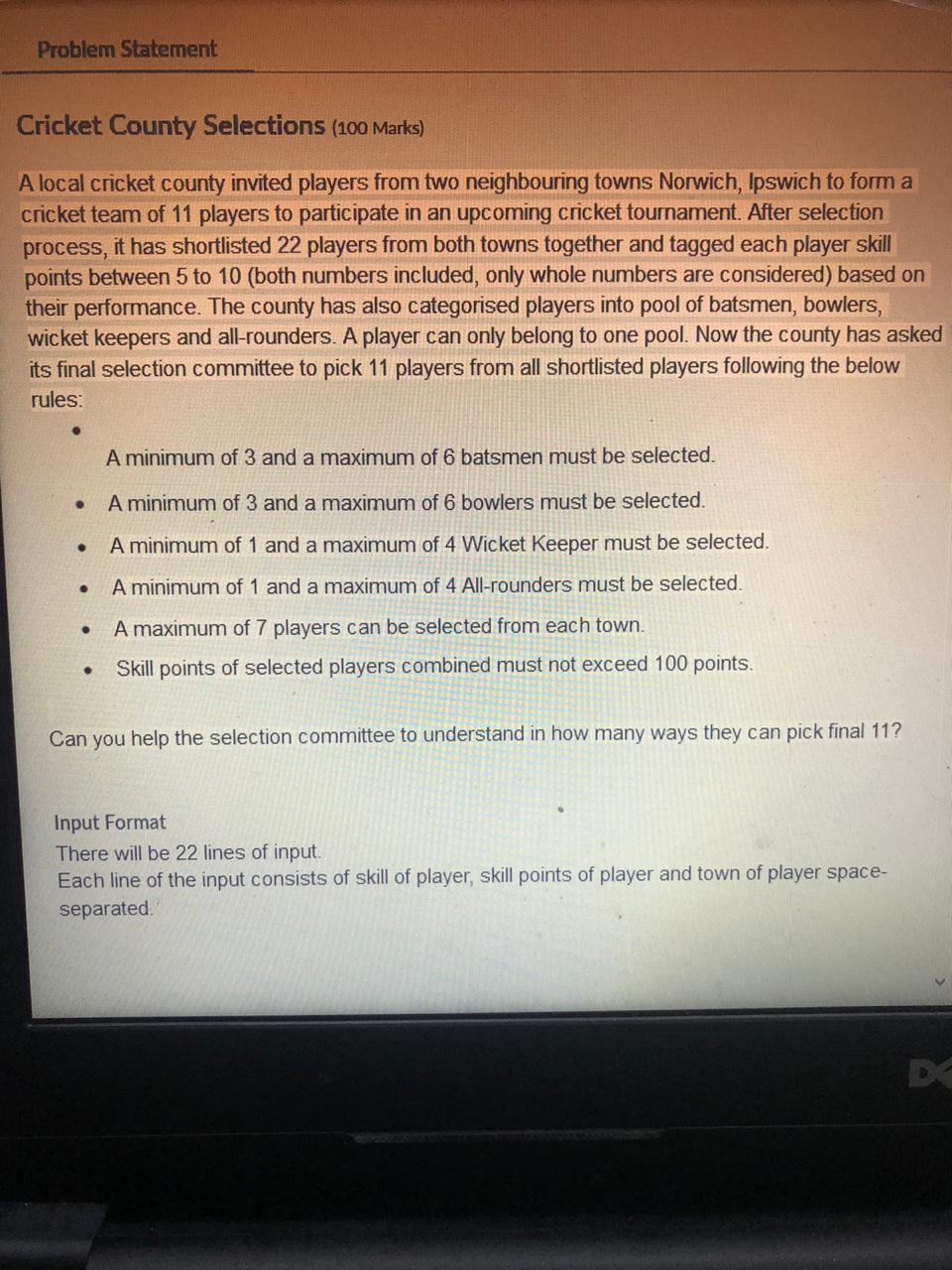 Problem Statement Cricket County Selections (100 | Chegg.com