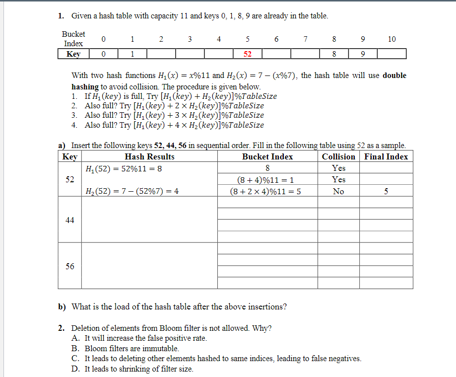 Solved 1. Given a hash table with capacity 11 and keys | Chegg.com