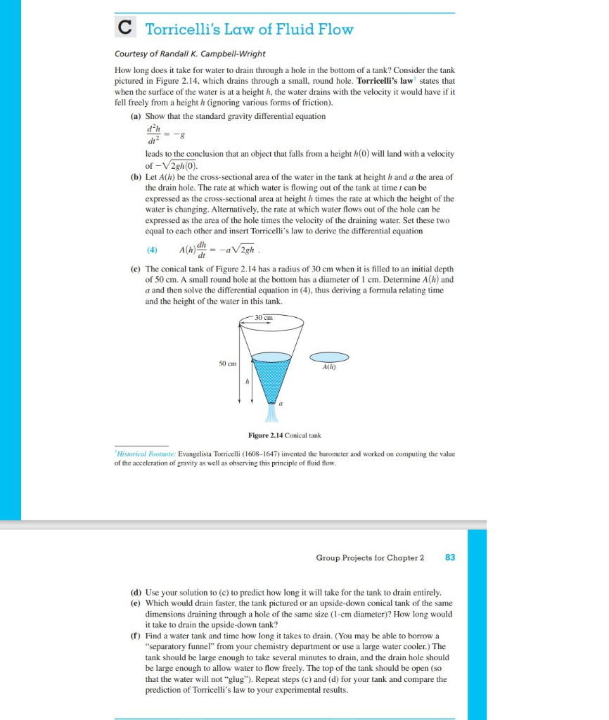 C Torricelli's Law of Fluid Flow Courtesy of Randall | Chegg.com