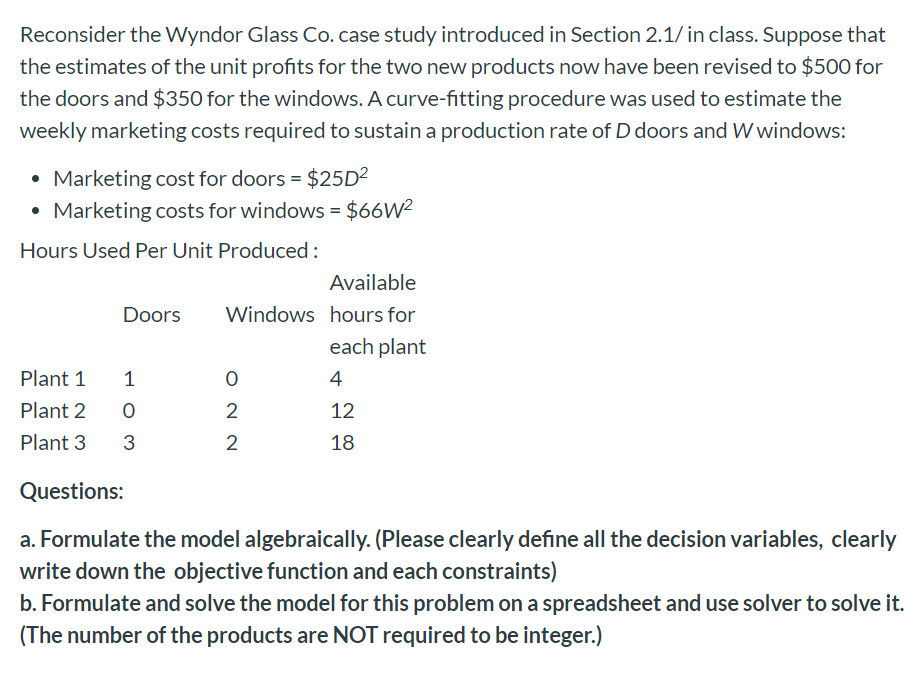 Solved Reconsider the Wyndor Glass Co. case study introduced | Chegg.com