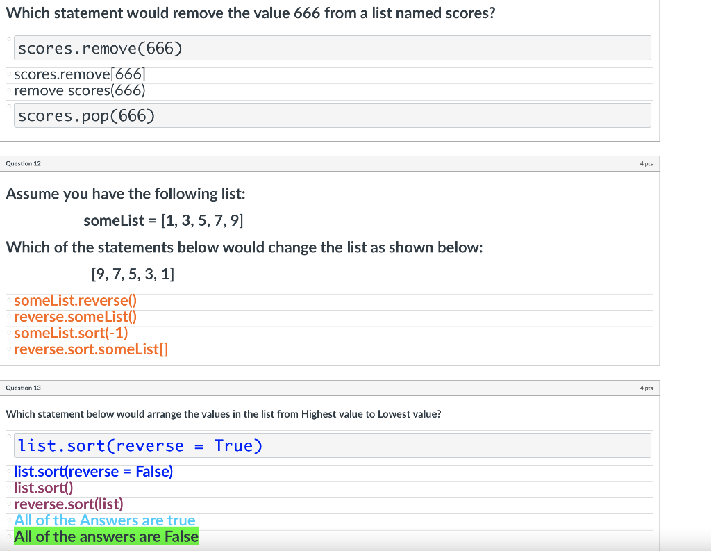 Solved Which statement would remove the value 666 from a | Chegg.com