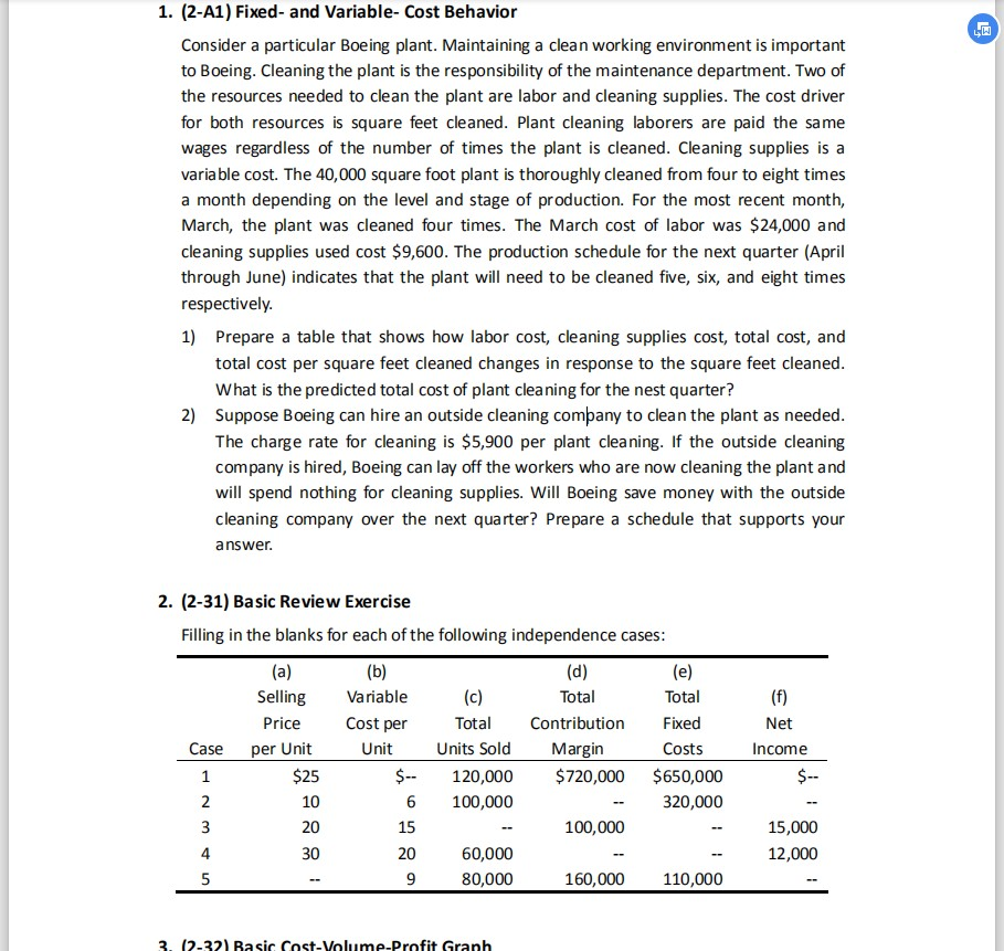 Solved 1. (2-A1) Fixed- and Variable- Cost Behavior Consider | Chegg.com