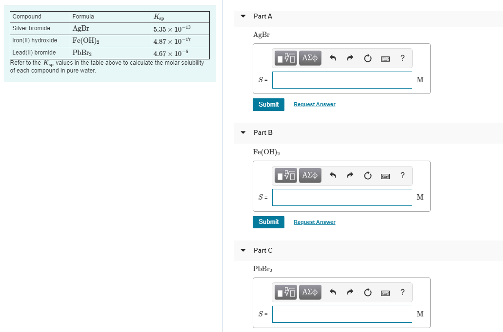 Solved Part A AgBT Compound Formula Ksp Silver bromide AgBr | Chegg.com