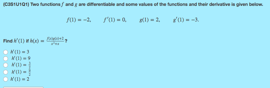 Solved (C3S1U1Q1) Two functions f and g are differentiable | Chegg.com