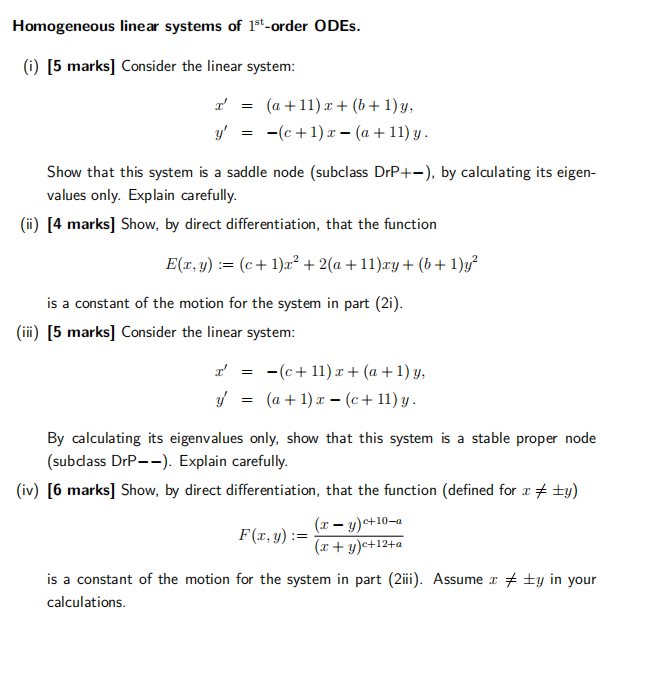 Solved Homogeneous linear systems of 1st-order ODES. (i) (5 | Chegg.com