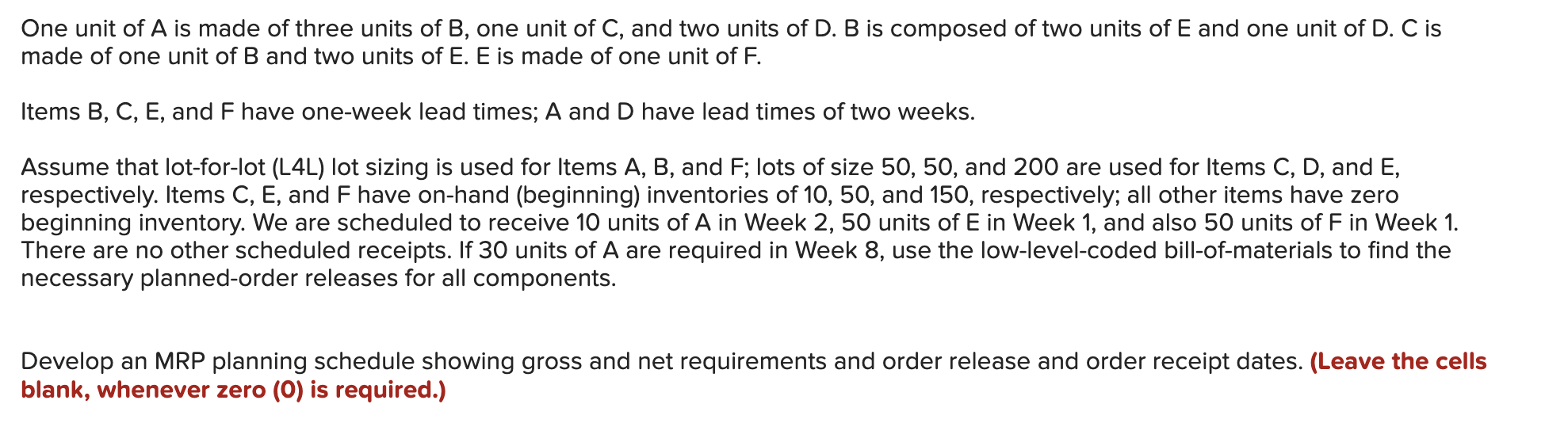 Solved One unit of A is made of three units of B, one unit | Chegg.com