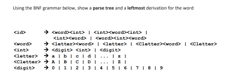 Solved Using the BNF grammar below, show a parse tree and a | Chegg.com