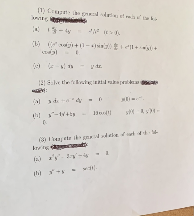 Solved (1) Compute the general solution of each of the fol- | Chegg.com