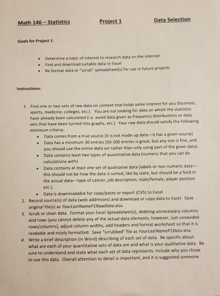 Math 146-Statistics Data Selection Project 1 Goals | Chegg.com