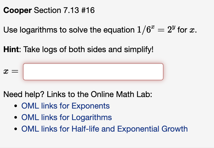 Solved Cooper Section 7.13 ﻿#16Use logarithms to solve the | Chegg.com