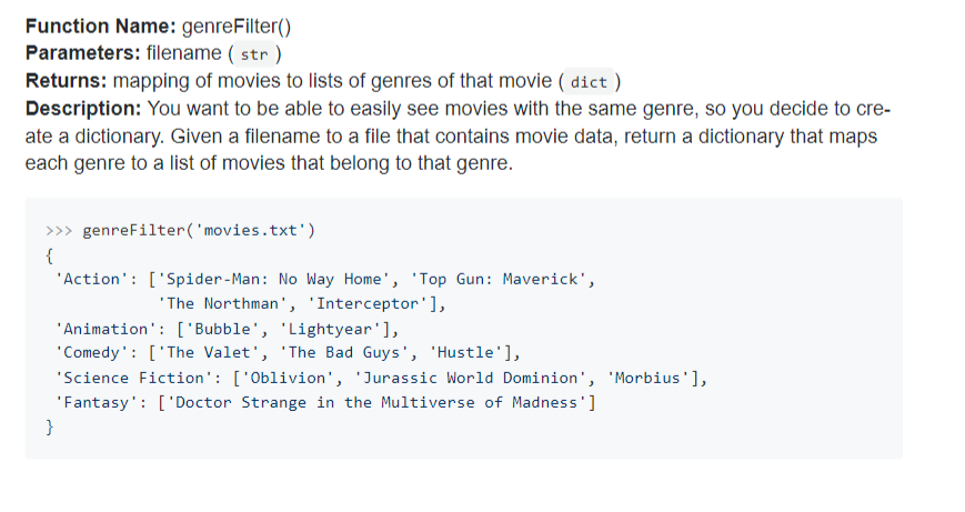 Solved Function Name: genreFilter() Parameters: filename | Chegg.com