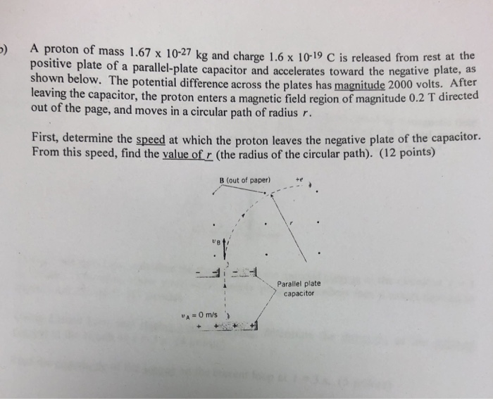 Solved ) A proton of mass 1.67 x 10-27 kg and charge 1.6 x | Chegg.com