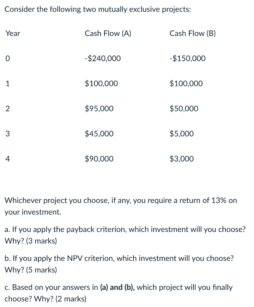 Solved Consider the following two mutually exclusive | Chegg.com