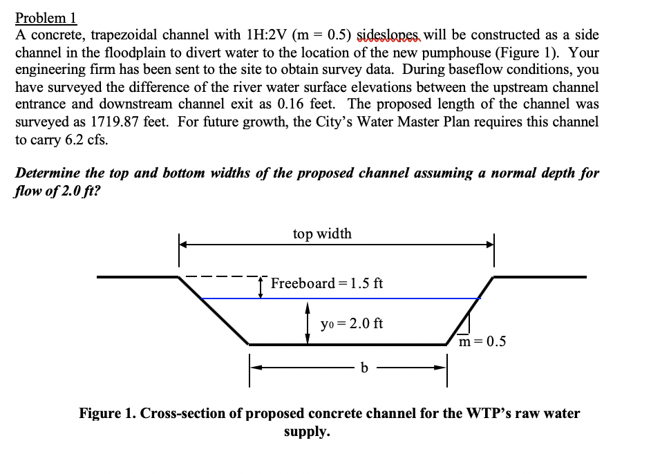 Solved Problem 1 A concrete, trapezoidal channel with 1H:2V | Chegg.com
