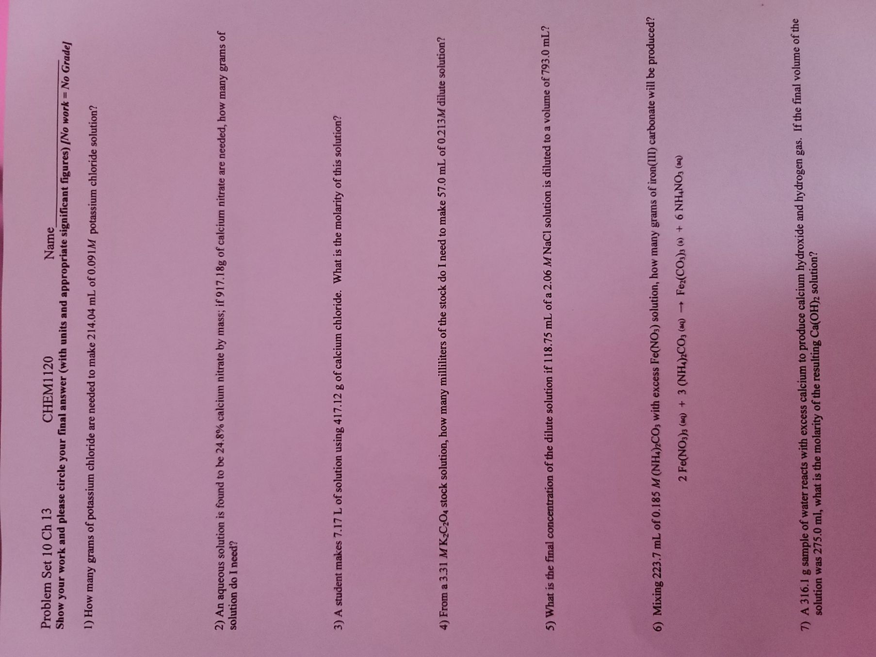 Solved Problem Set 10Ch13 CHEM1120 Name Show your work and | Chegg.com