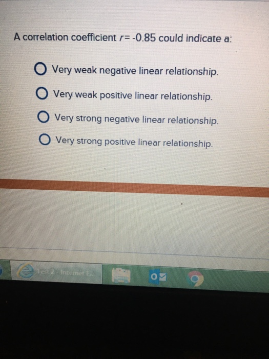 Solved A correlation coefficient r=-0.85 could indicate a: O | Chegg.com