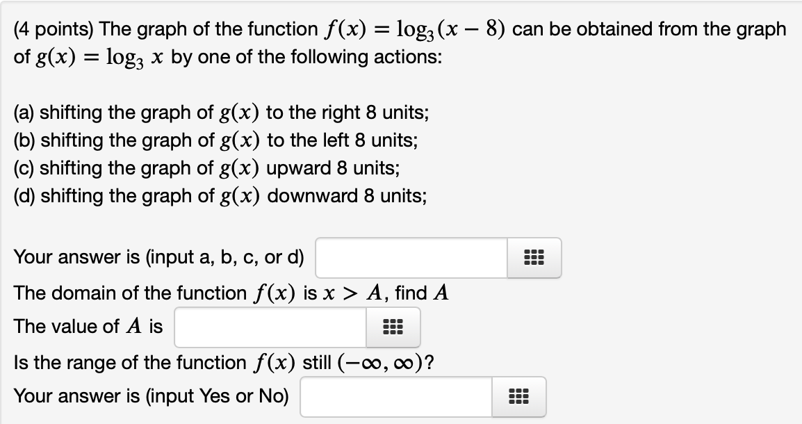 Solved (4 points) The graph of the function f(x) = log2 (x – | Chegg.com