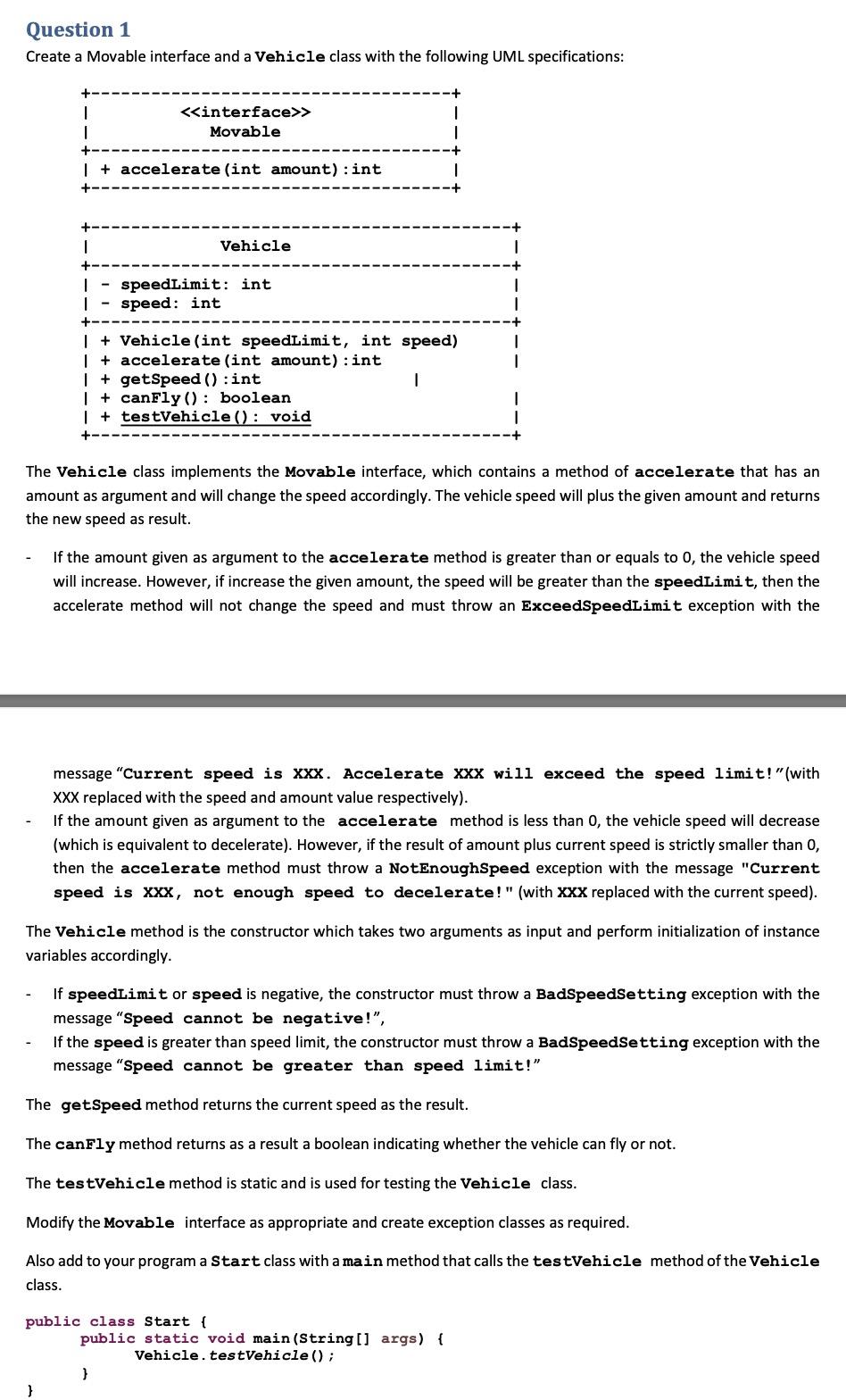 Solved Question 1 Create a Movable interface and a Vehicle | Chegg.com