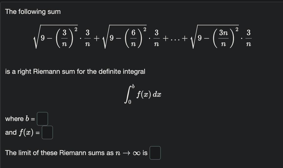 Solved The following sum 9−(n3)2⋅n3+9−(n6)2⋅n3+…+9−(n3n)2⋅n3 | Chegg.com