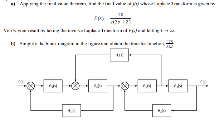 Solved a) Applying the final value theorem, find the final | Chegg.com