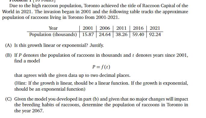 Solved Due to the high raccoon population, Toronto achieved | Chegg.com