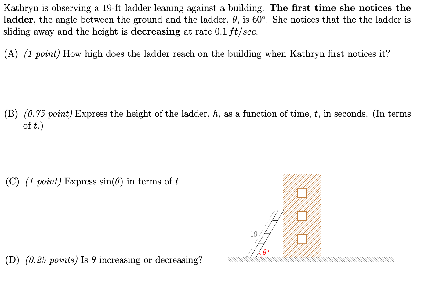 Solved Kathryn is observing a 19-ft ladder leaning against a | Chegg.com