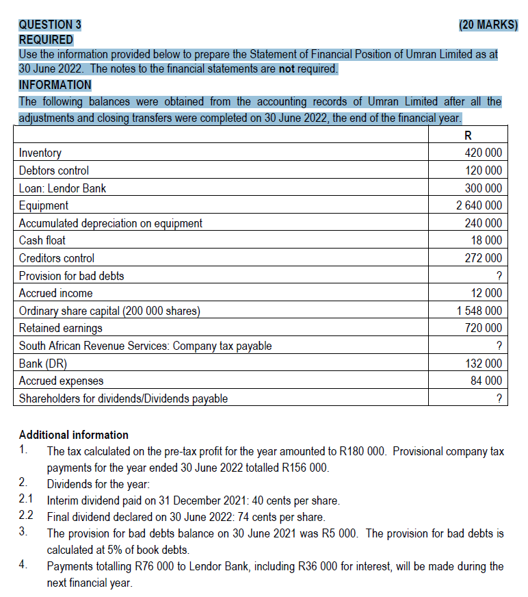 Solved QUESTION 3 (20 MARKS) REQUIRED Use the information | Chegg.com