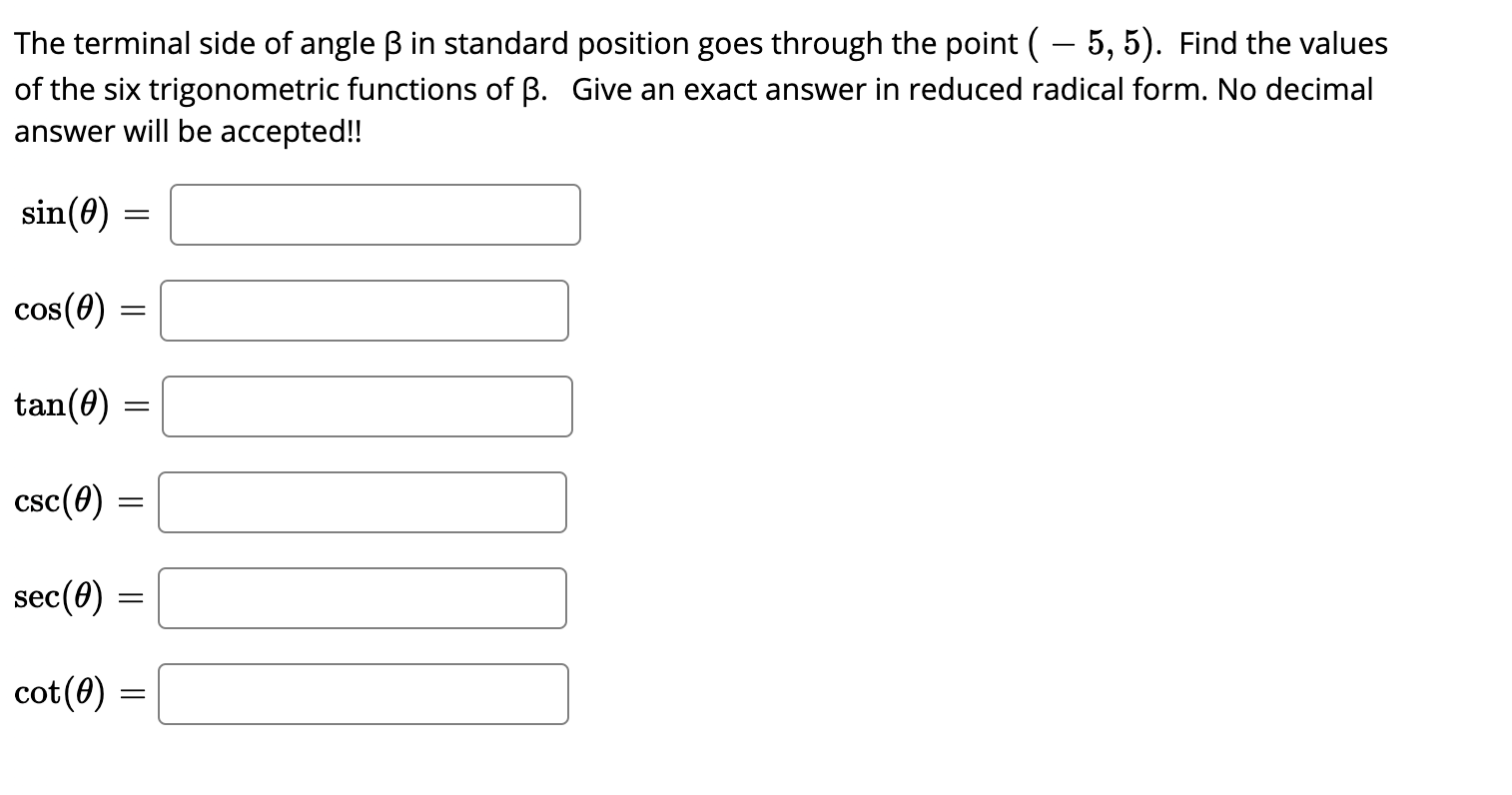 Solved The terminal side of angle B in standard position | Chegg.com