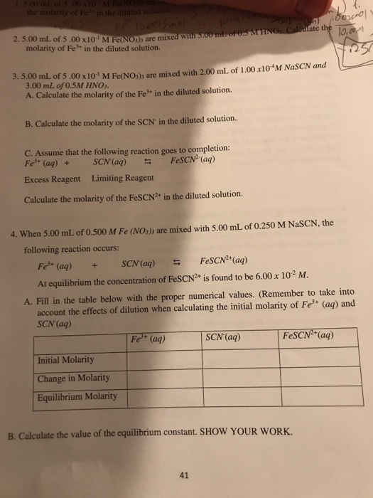 Solved ate t 2. 5.00 mL of 5.00 x10 M FeONO)s are mixed wi | Chegg.com