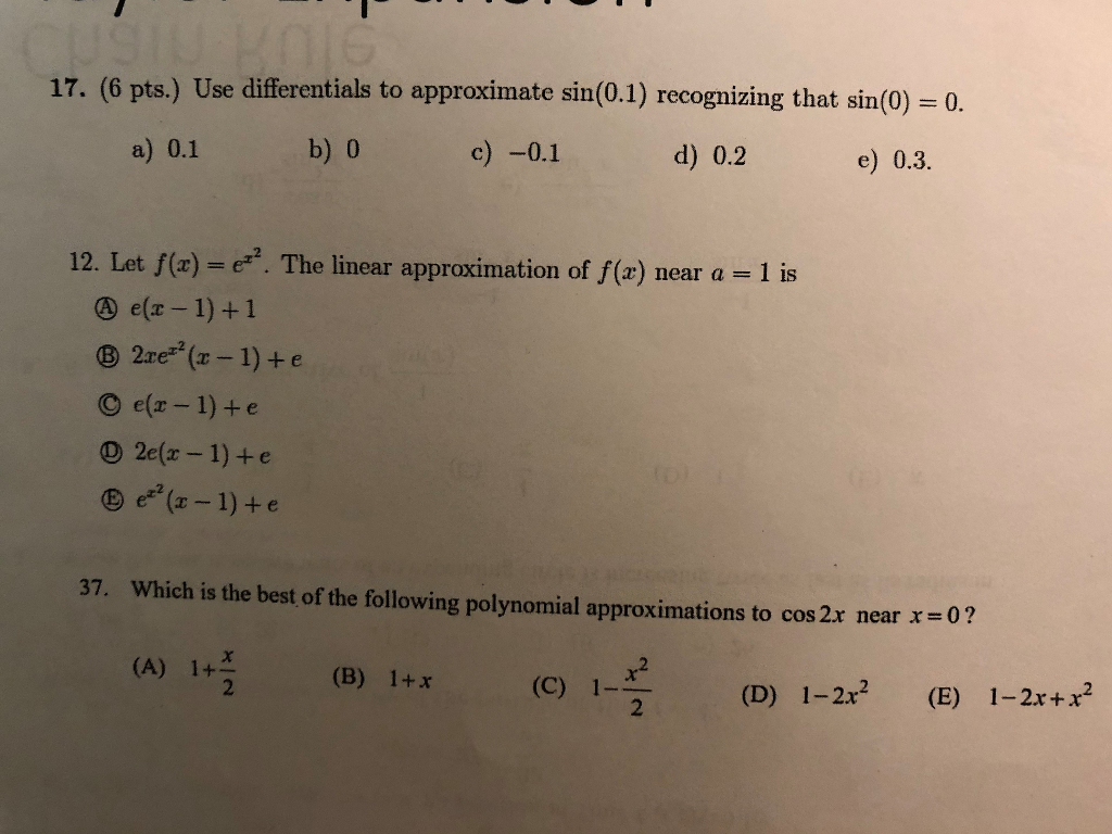 Solved 17. (6 pts) Use differentials to approximate sin(0.1) | Chegg.com