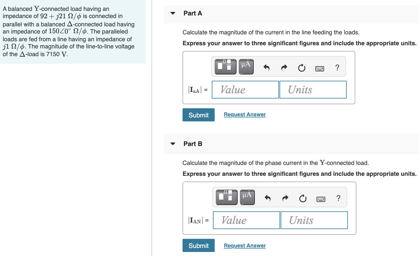 Solved Part A A balanced Y-connected load having an | Chegg.com