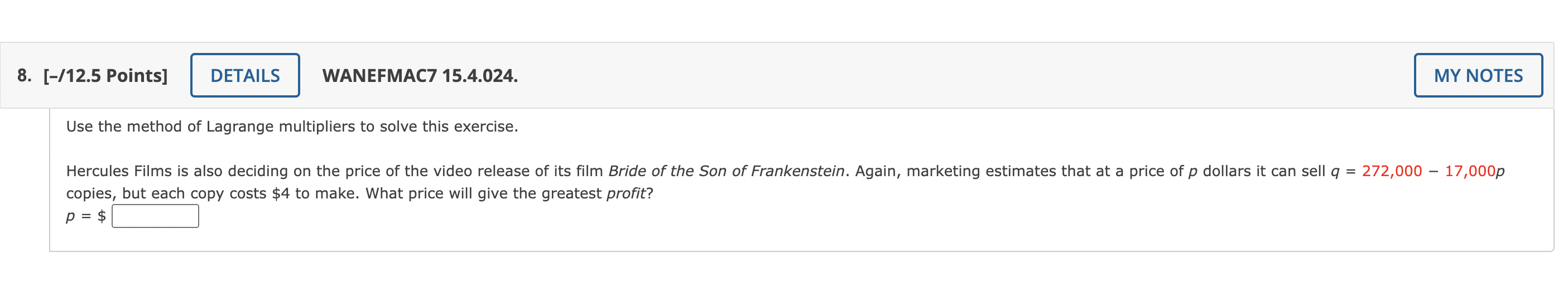 Solved Use the method of Lagrange multipliers to solve this | Chegg.com