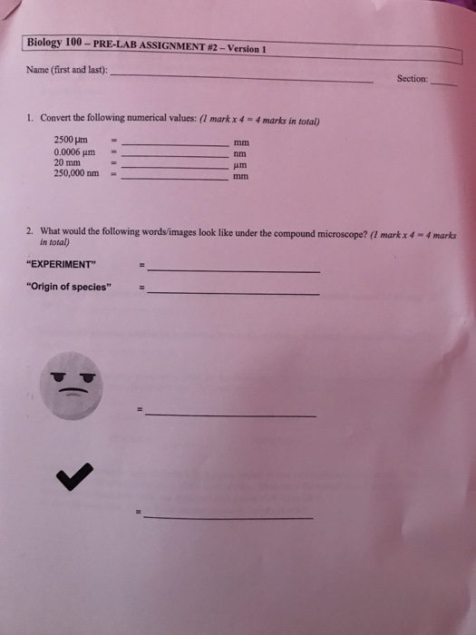 Solved Biology 100-PRE-LAB ASSIGNMENT #2-Version 1 Name | Chegg.com