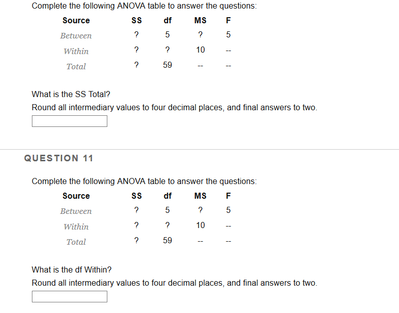 Solved Complete the following ANOVA table to answer the | Chegg.com
