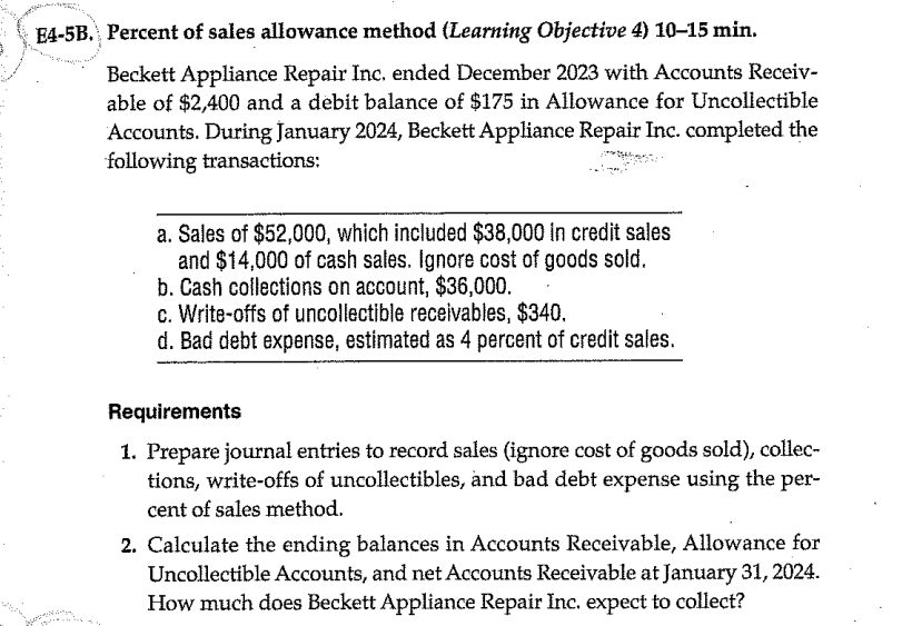 Solved Percent of sales allowance method (Learning Objective | Chegg.com