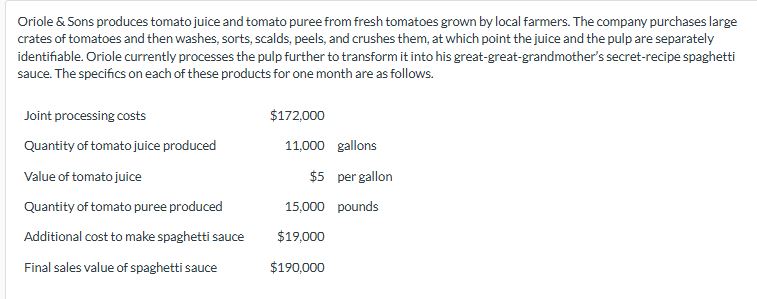 Solved Oriole \& Sons produces tomato juice and tomato puree | Chegg.com