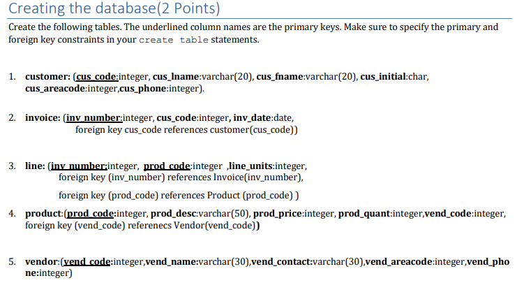 Solved Creating the database(2 Points) Create the following | Chegg.com