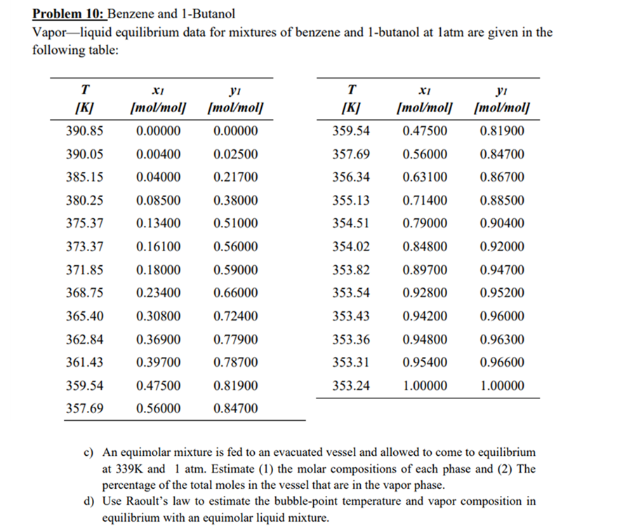 Solved Problem 10: Benzene and 1-Butanol Vapor-liquid | Chegg.com